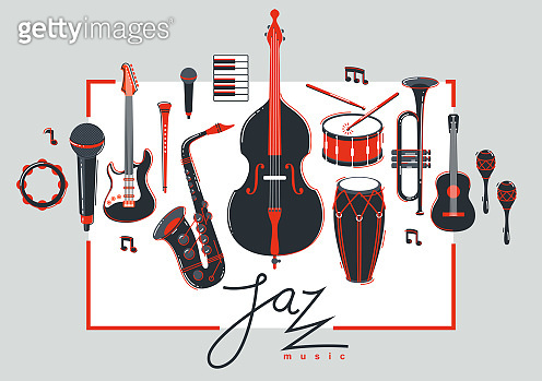 Jazz music band poster different instruments vector flat illustration ...