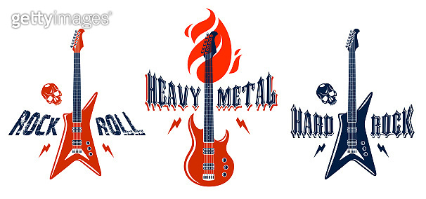 Hard Rock emblems with electric guitar vector logos set, concert ...