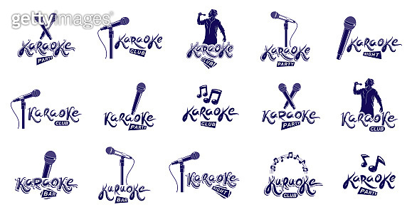 Karaoke logos and emblems vector set, microphones and musical notes ...