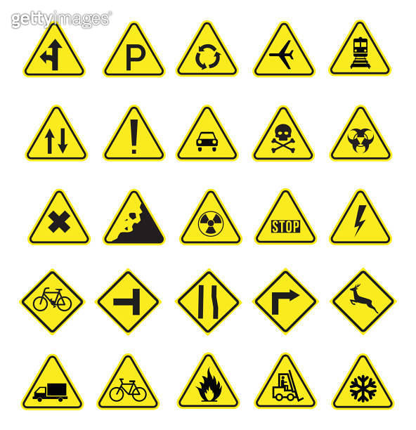 Yellow colored traffic road signs and warning hazard symbols labels set ...