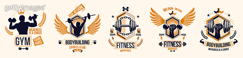 Fitness sport emblems logos or posters with barbells dumbbells ...