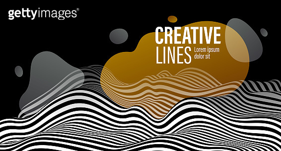 Abstract vector 3D lines with yellow fluid splat background, black and ...