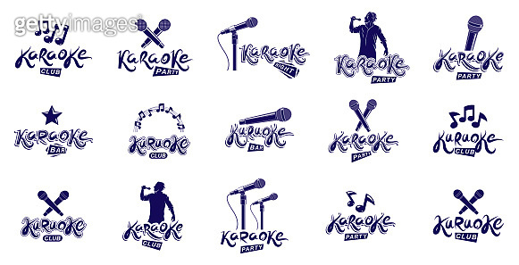 Karaoke logos and emblems vector set, microphones and musical notes ...