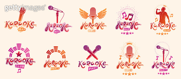 Karaoke logos and emblems vector set, microphones and musical notes ...