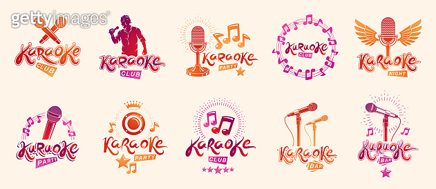 Karaoke logos and emblems vector set, microphones and musical notes ...