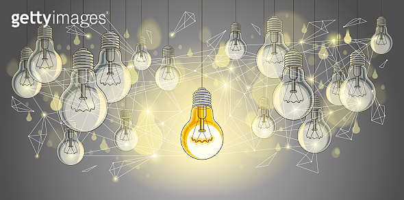 Idea concept light bulbs vector illustration with single one is shining ...