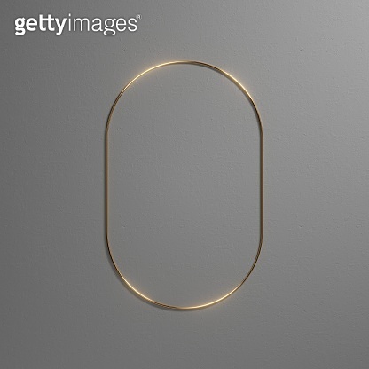 3d render, abstract geometric background with blank oval golden frame ...