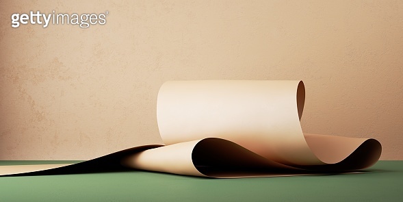 3d render, abstract beige background with folded ribbon or fallen paper ...