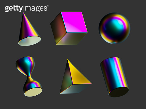 3d render, simple iridescent geometric shapes, primitives and abstract objects. Collection of ...