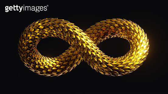 3d render, abstract twisted infinity symbol with shiny metallic dragon ...