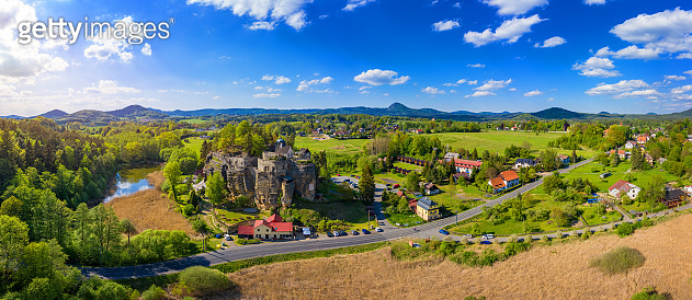 Aerial view of Sloup Castle in Northern Bohemia, Czechia. Sloup rock ...