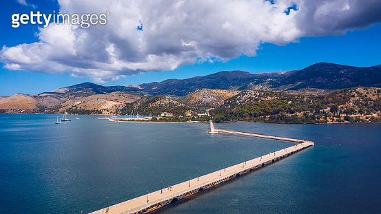Aerial view of the De Bosset Bridge in Argostoli city on Kefalonia ...
