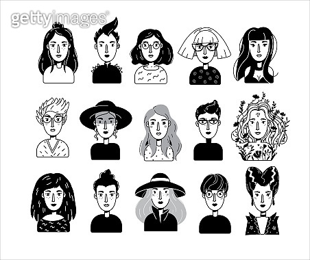 Female avatar faces. Vector woman characters portrait set in outline ...