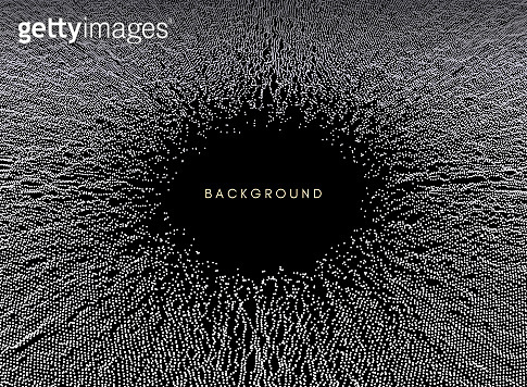 Small particles strive out of center. Array with dynamic particles. Abstract grid design. Vector ...