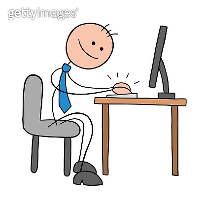 Stickman businessman character working at the computer and happy ...