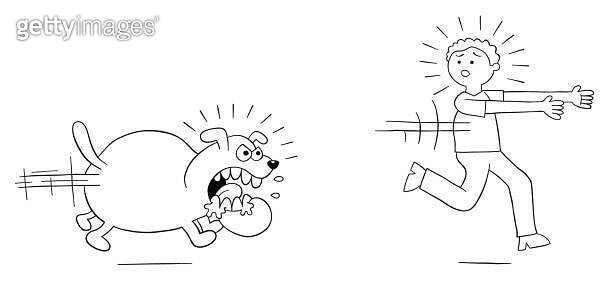 Cartoon angry dog chases man and man runs away, vector illustration ...