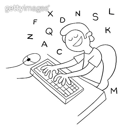 Cartoon man typing with ten fingers on the keyboard, vector ...