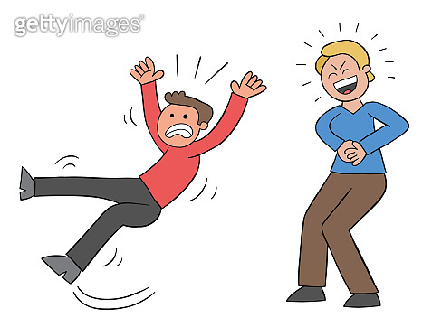 Cartoon man slips and falls and his bad friend laughs, vector ...