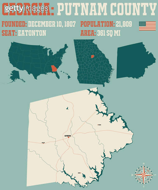 Map of Putnam County in Georgia 이미지 (1303838345) - 게티이미지뱅크