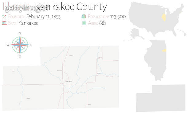 Map of Kankakee County in Illinois 이미지 (1359306735) - 게티이미지뱅크