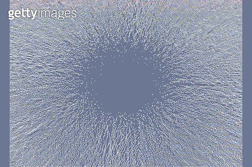 Small particles strive out of center. Array with dynamic particles. Abstract grid design. Vector ...