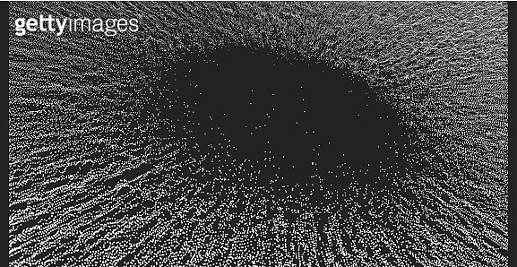 Small particles strive out of center. Array with dynamic particles. Abstract grid design. Vector ...