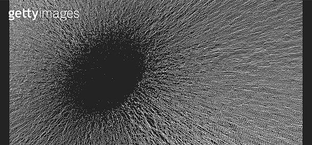 Small particles strive out of center. Array with dynamic particles. Abstract grid design. Vector ...