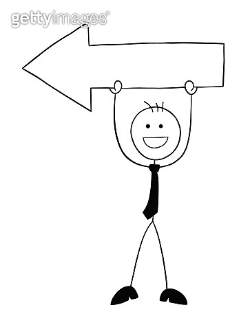 Stickman businessman character holding up left arrow, vector cartoon ...
