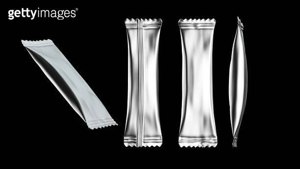 Blank silver metallic Long candy foil packs for packaging design. 3d ...