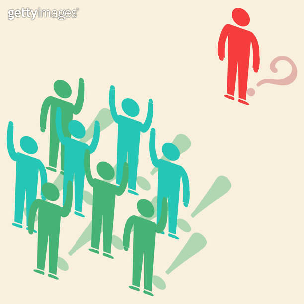 Pictogram of group of people telling/explaning to one person ...