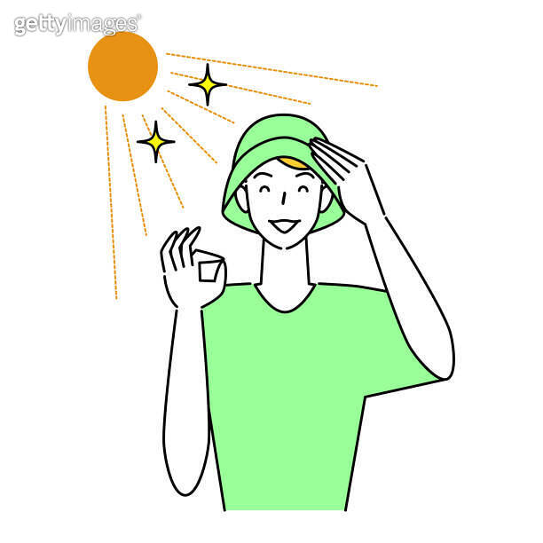 Heat Stroke Measures Smiling pretty woman wearing UV cut hat in the sun ...