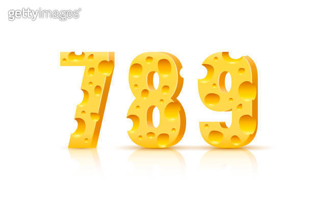 Cheese font 3d symbol, numbers 7 8 9 set. Vector (1302685756) - 게티이미지뱅크