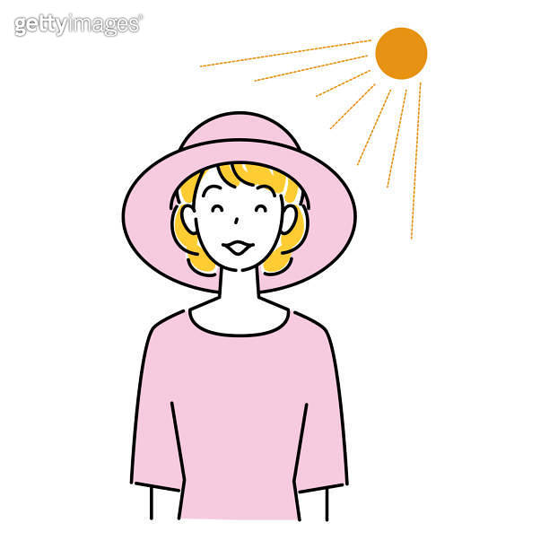 Heat Stroke Measures Smiling pretty woman wearing UV cut hat in the sun ...