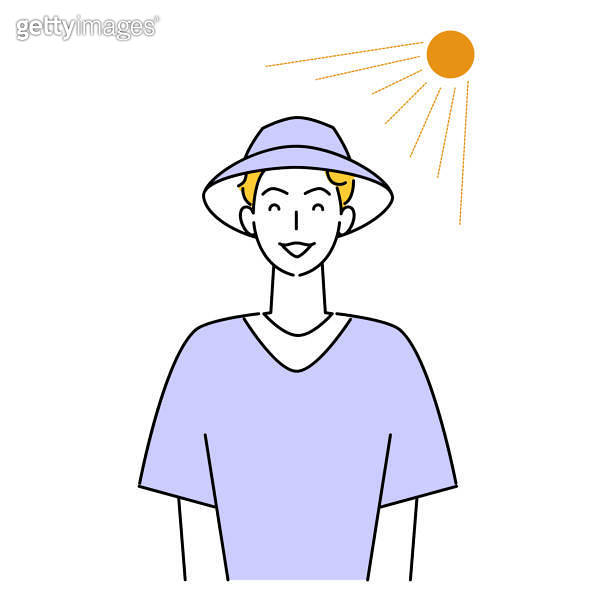Heat Stroke Measures Smiling cute man wearing UV cut hat in the sun ...