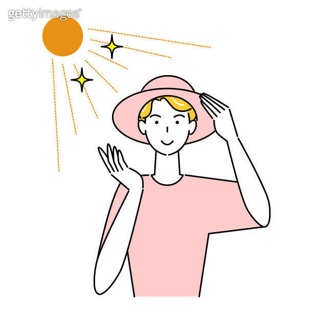 Heat Stroke Measures Smiling cute man wearing UV cut hat in the sun ...