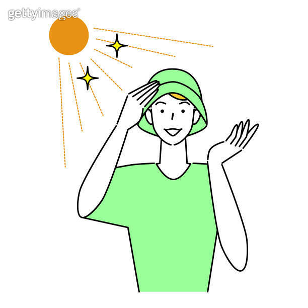 Heat Stroke Measures Smiling pretty woman wearing UV cut hat in the sun ...