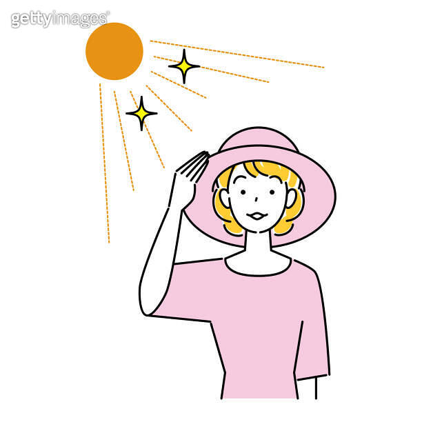 Heat Stroke Measures Smiling pretty woman wearing UV cut hat in the sun ...