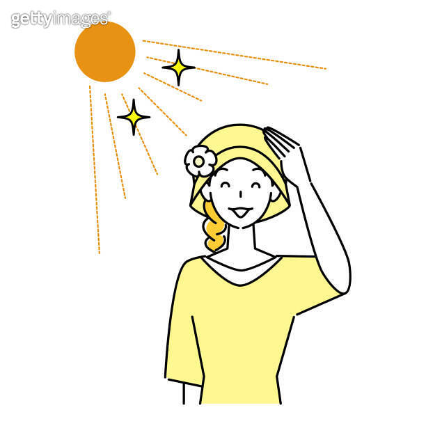 Heat Stroke Measures Smiling pretty woman wearing UV cut hat in the sun ...