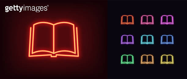 Neon open book icon. Glowing neon book sign, outline textbook ...