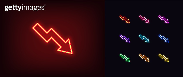 Outline neon decrease arrow icon. Glowing neon decline chart sign ...