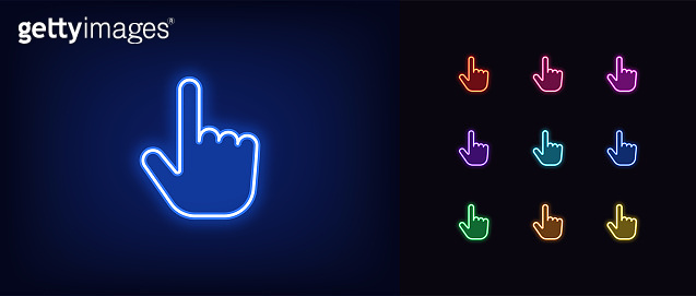 Outline neon finger cursor icon. Glowing neon cursor sign, hand pointer ...