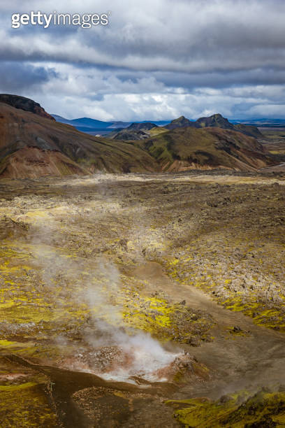 Steam pit in the colorful mountains of Landmannalaugar in Iceland ...