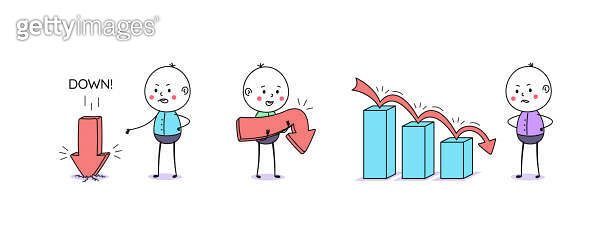Downfall chart and downward arrow movement. Cartoon doodle man, cute ...