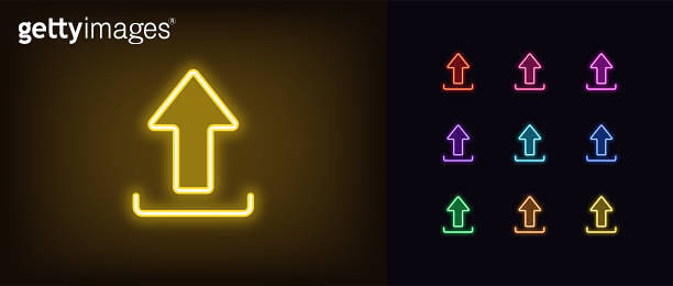 Neon upload icon. Glowing neon upload sign, outline arrow pictogram ...