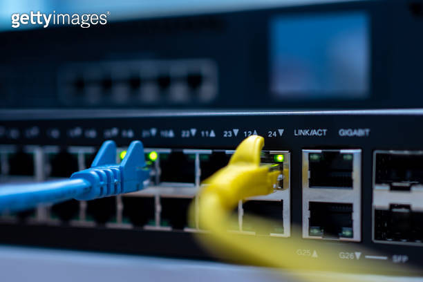 Blue and yellow network cable plugged in switch hub or router ...