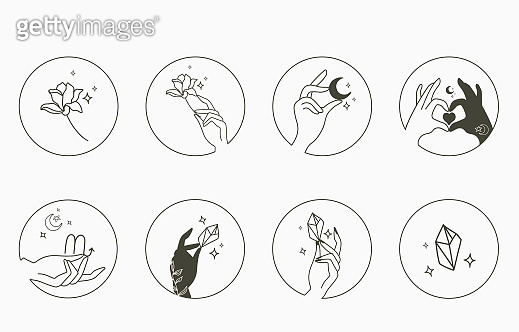 Beauty occult collection with hand,geometric,crystal,moon,flower,star ...