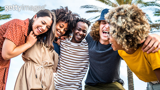 Young happy people laughing together - Multiracial friends group having ...