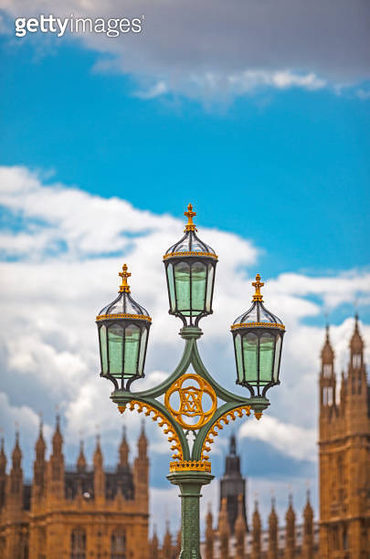 British lamp post on Westminster Bridge leading to the Houses of ...