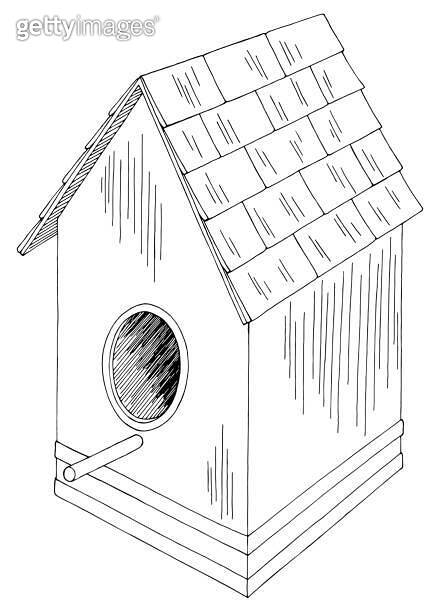 Bird house nesting box isolated graphic black white sketch illustration ...