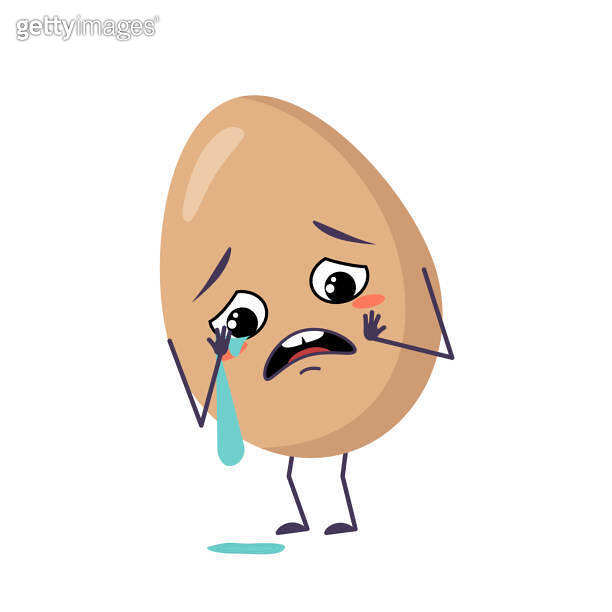 Cute egg characters with crying and tears emotions, face, arms and legs ...